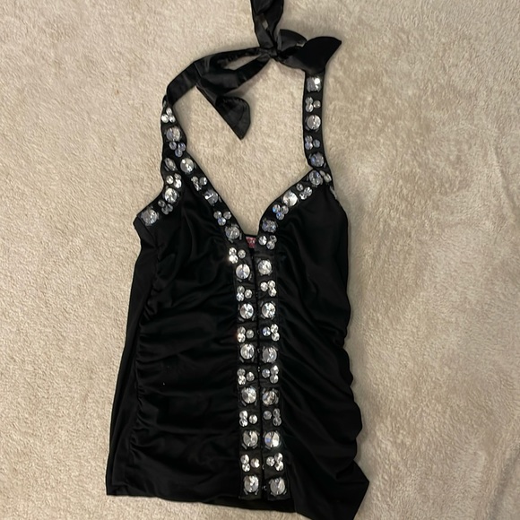 Body Central | Tops | Bejeweled Ruched Halter Top Sexy Black Satin ...